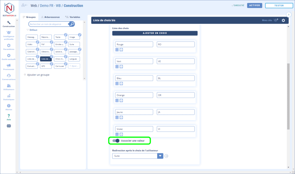 La liste de choix (Chatbot Web) - Botnation - Support