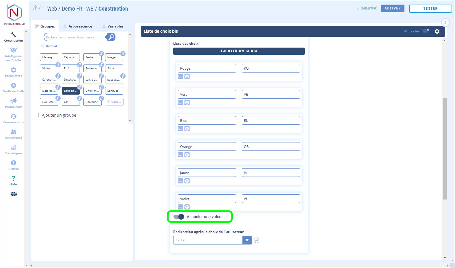 La liste de choix (Chatbot Web) - Botnation - Support
