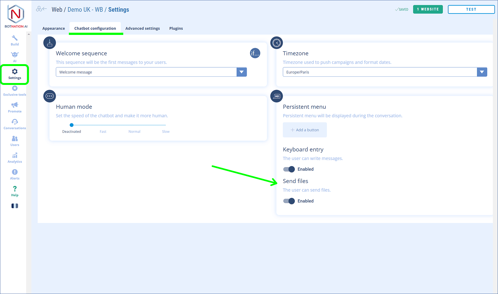 Sending a file to the chatbot (Web Chatbot) - Botnation - Support