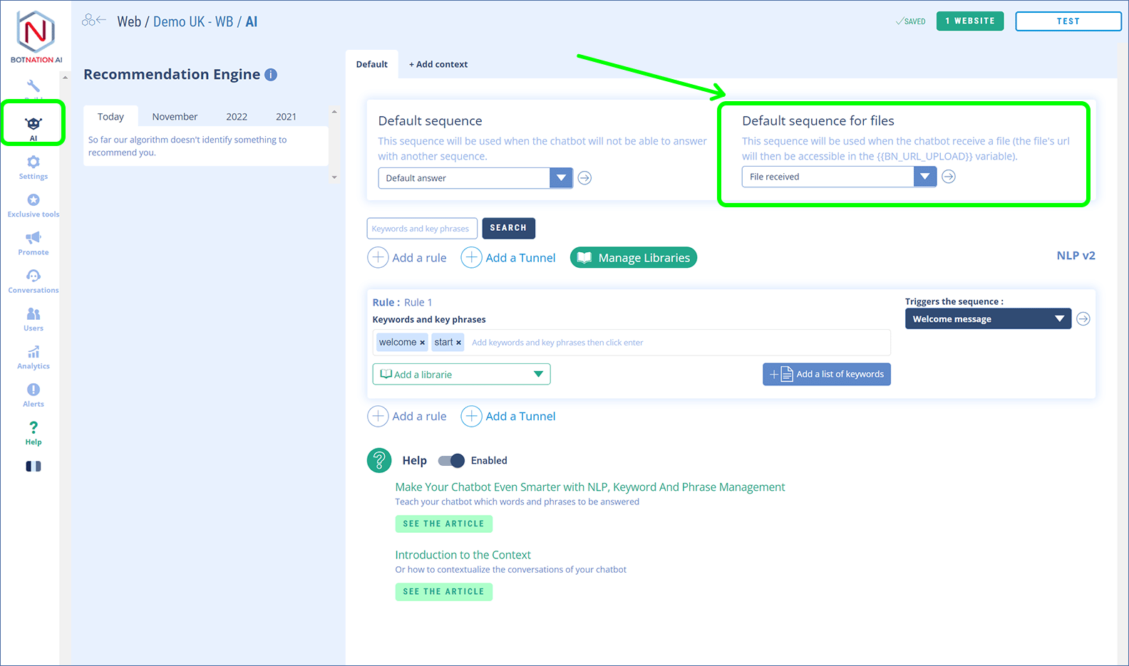 Sending a file to the chatbot (Web Chatbot) - Botnation - Support