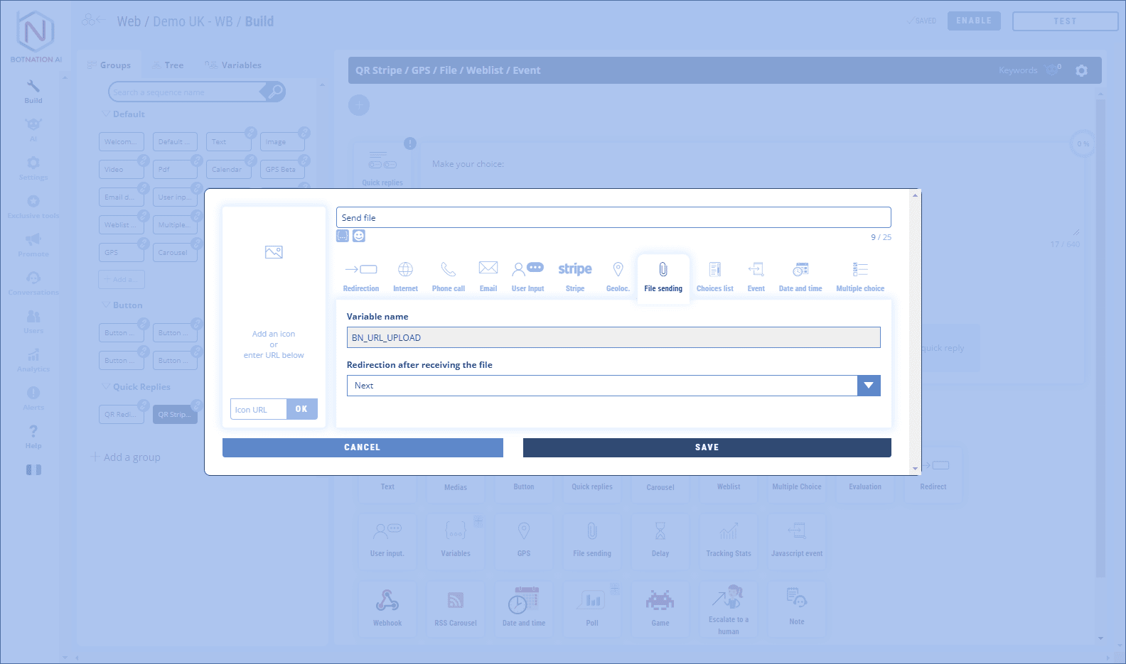 Sending a file to the chatbot (Web Chatbot) - Botnation - Support