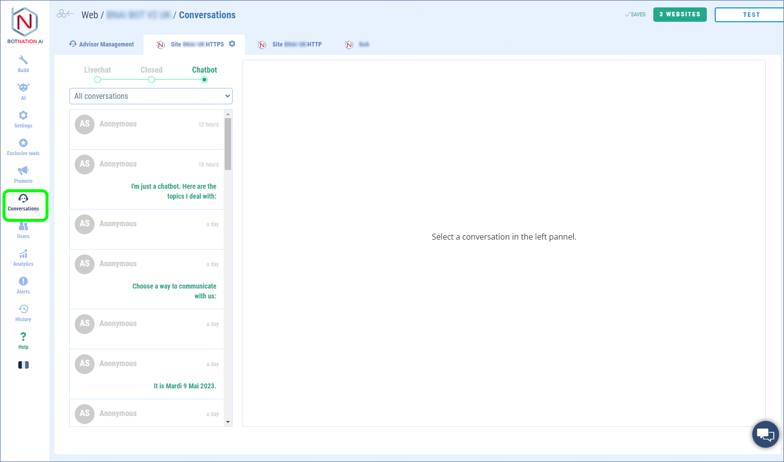 Where can I find the discussions of my web chatbot? - Botnation - Support