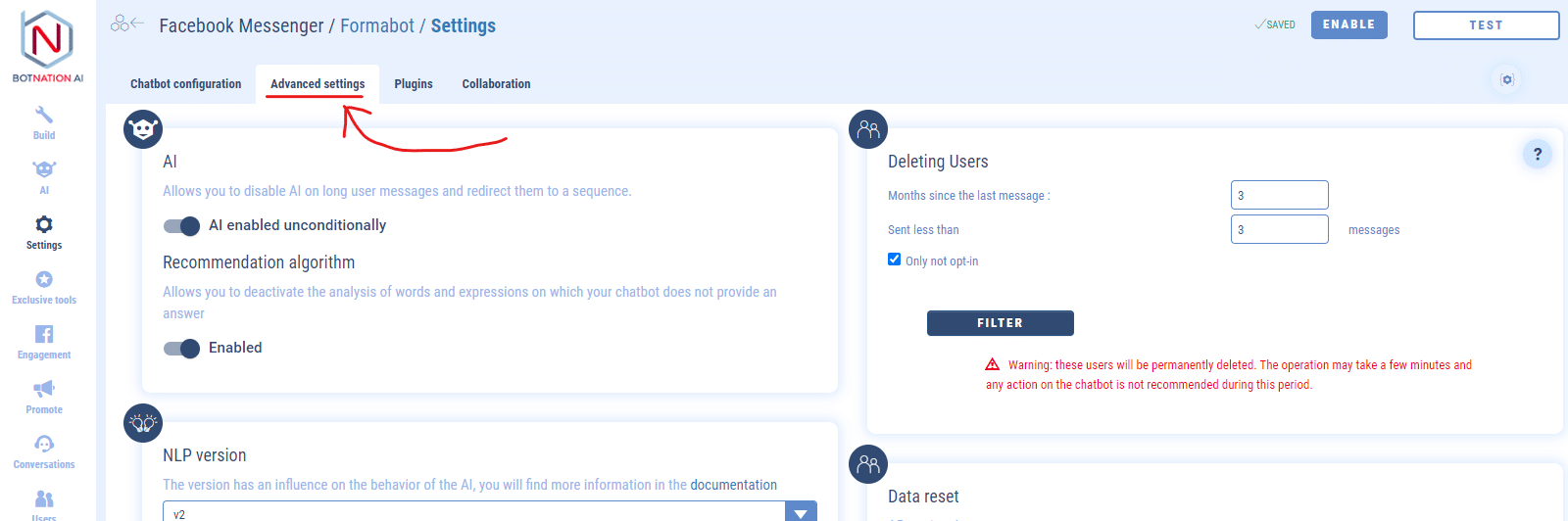 Where are the advanced settings? - Botnation - Support